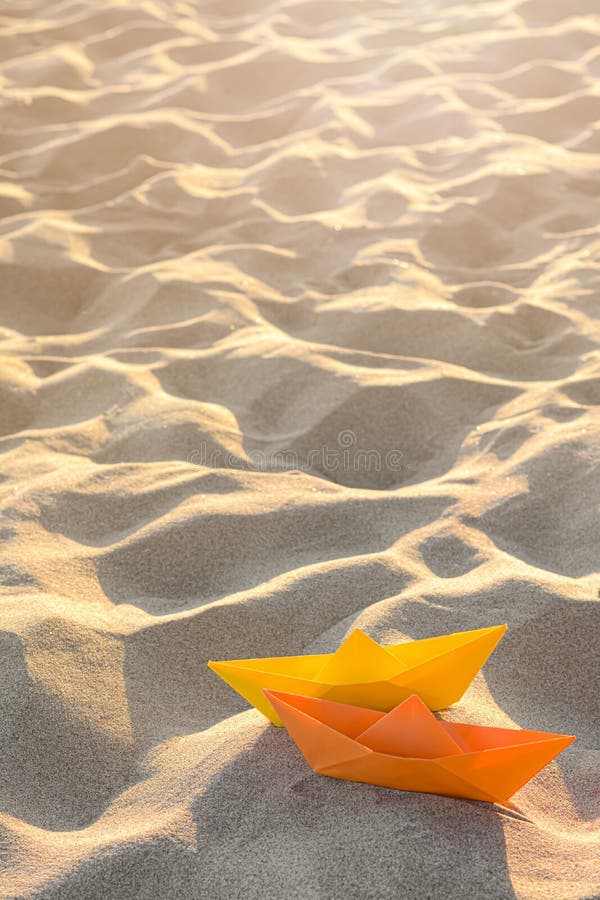 Colorful Paper Boats on Sand Outdoors, Space for Text Stock Photo ...