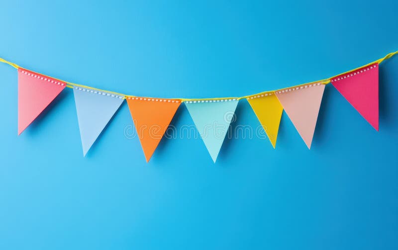 Colorful Paper Buntings Hang on a String, Set Against a Vibrant Blue ...