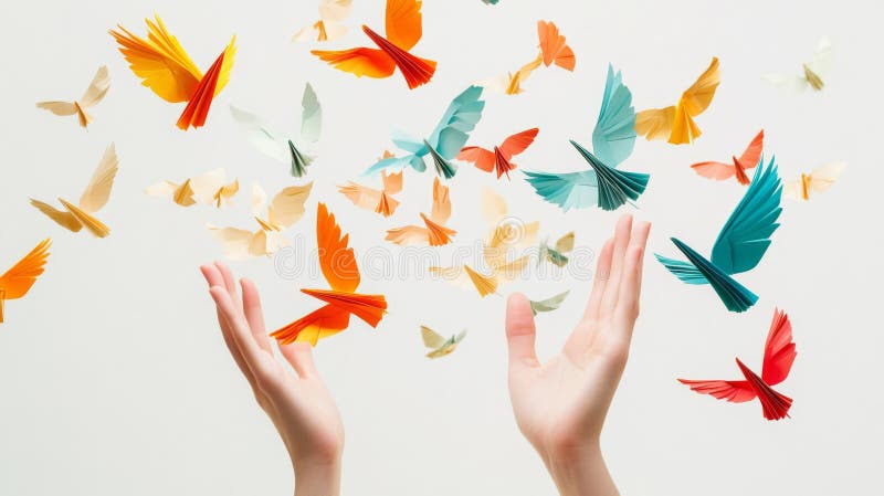 Colorful Paper Butterflies Flying from Open Hands Stock Illustration ...
