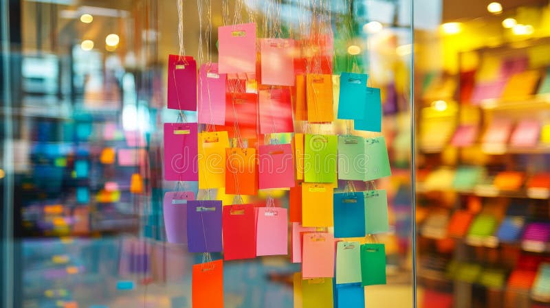 Colorful Paper Cards Hanging in a Window Display Stock Illustration ...