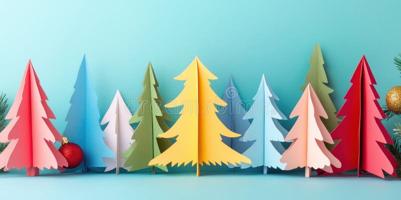 Colorful Paper Christmas Trees in Various Sizes and Shapes on Blue ...
