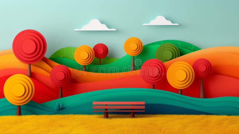 Colorful Paper Craft Landscape with Bench and Clouds Stock Photo ...