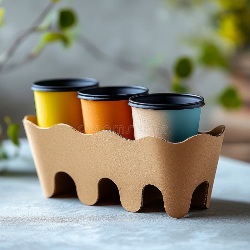 Colorful Paper Cups in a Cardboard Holder on a Table. Stock Image ...