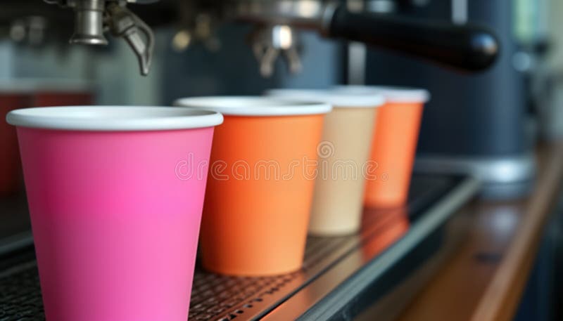 Colorful Paper Cups Sit on Cafe Coffee Machine. Cups Ready for Hot ...