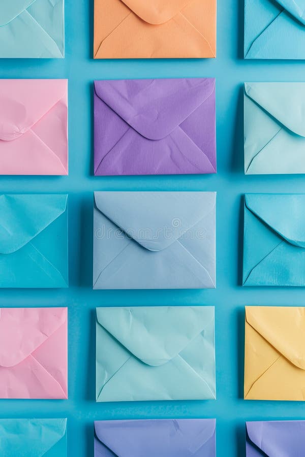 Colorful Paper Envelopes Gracefully Levitating Against a Tranquil Blue ...