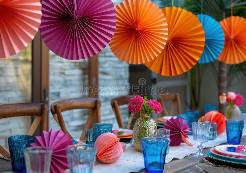 Colorful Paper Fans that are Hung Around the Table Stock Photo - Image ...