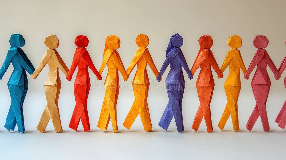 Colorful Paper Figures Holding Hands Symbolize Teamwork and Unity Stock ...