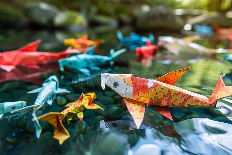 Colorful Paper Fish Floating in a Stream Stock Illustration ...