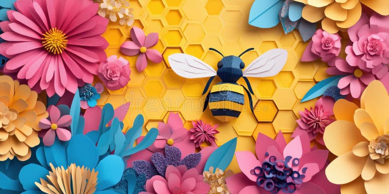Colorful Paper Flowers and Bee on Honeycomb Background in Vibrant ...
