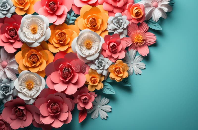 Colorful Paper Flowers with Blank White Paper on a Yellow Background ... Colorful Paper Flowers with Blank White Paper on a Yellow Background ...