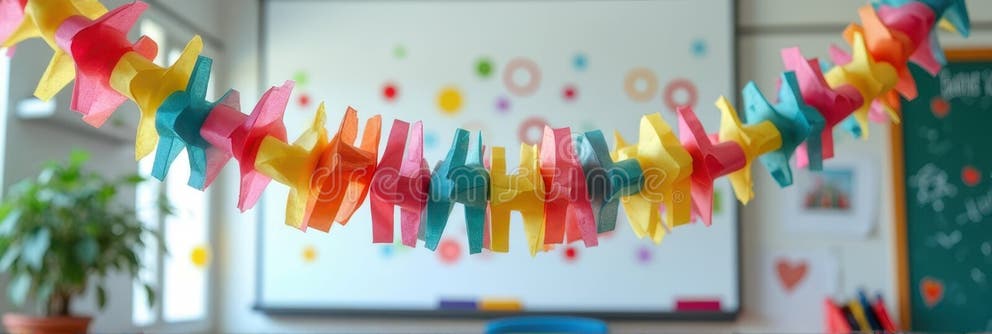 Colorful Paper Garland Decoration in Bright Classroom Setting Stock ...