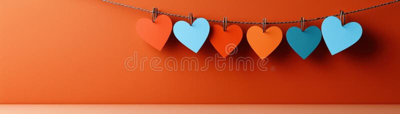 Colorful Paper Hearts Hanging on a String Against a Warm Orange ...
