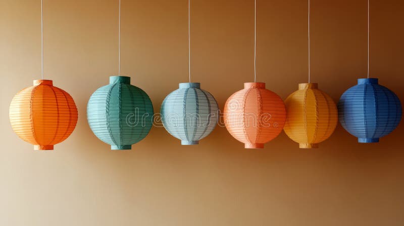 Colorful Paper Lanterns Hanging in a Row on a Neutral Background. Stock ...