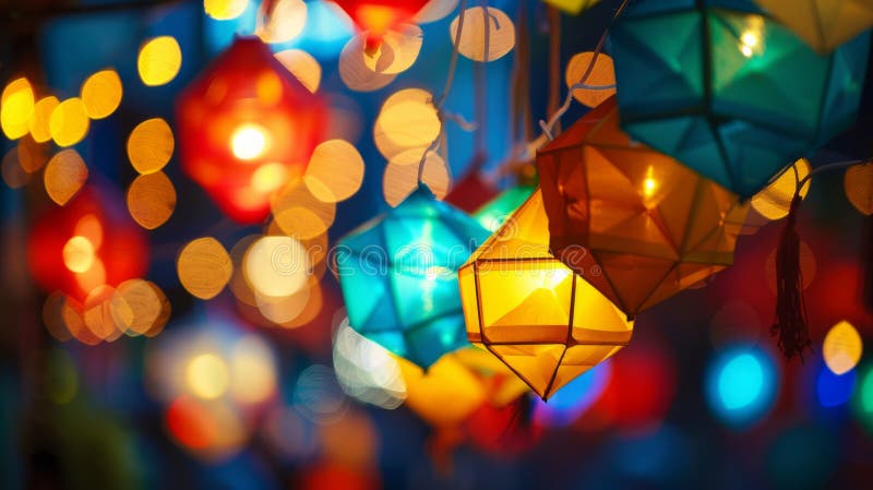Colorful Paper Lantern Hanging String Bokeh Background Stock Photos ...