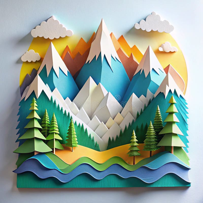 Colorful Paper Mountains and Forest Scene Stock Image - Image of ...