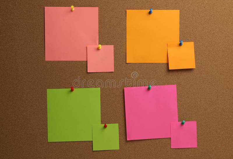 Colorful Paper Notes Pinned To Cork Board Stock Image - Image of empty ...