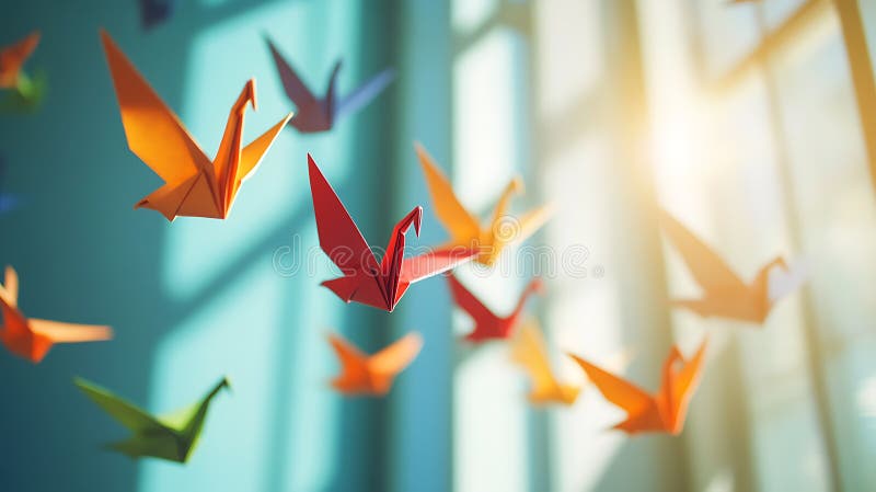 Colorful Paper Origami Cranes Float in Front of a Window Illuminated by ...