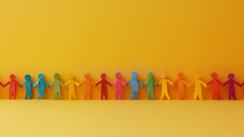 Colorful Paper People Holding Hands on Yellow Background. Stock Photo ...