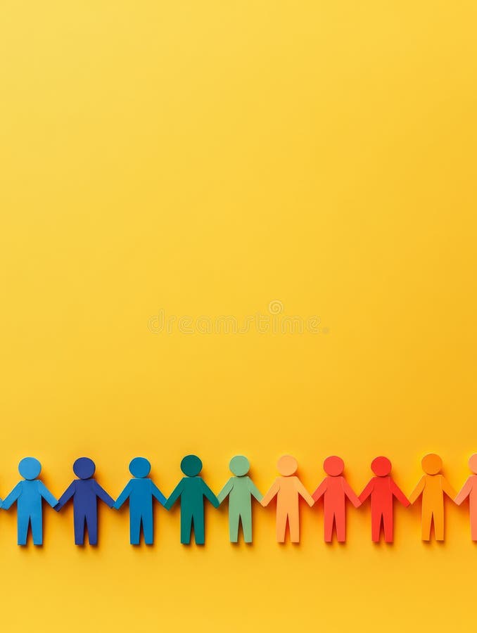 Colorful Paper People Holding Hands on a Yellow Background Stock Photo ...