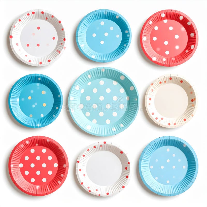 Colorful Paper Plates with Polka Dots and Geometric Patterns Stock ...