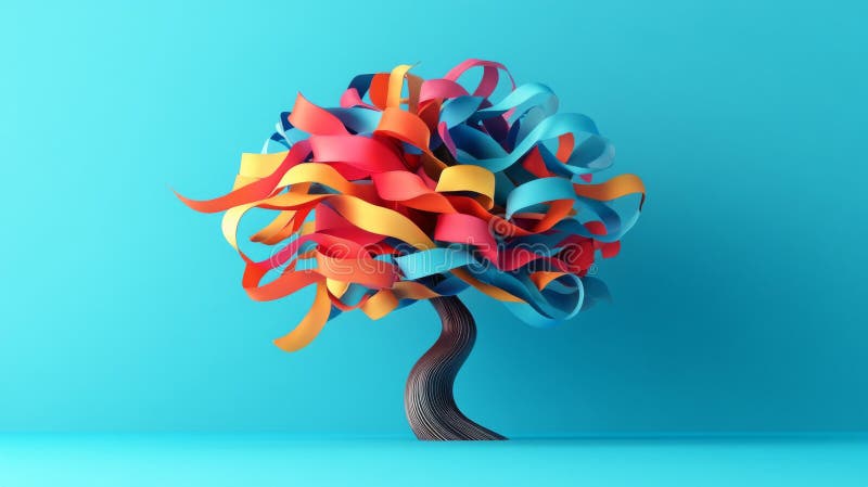 Colorful Paper Ribbon Tree on Blue Background Stock Illustration ...