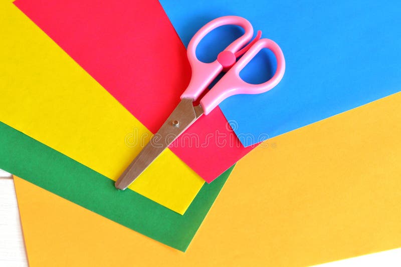 Colorful Paper Sheets, Scissors, Set for Children S Creativity Stock ...