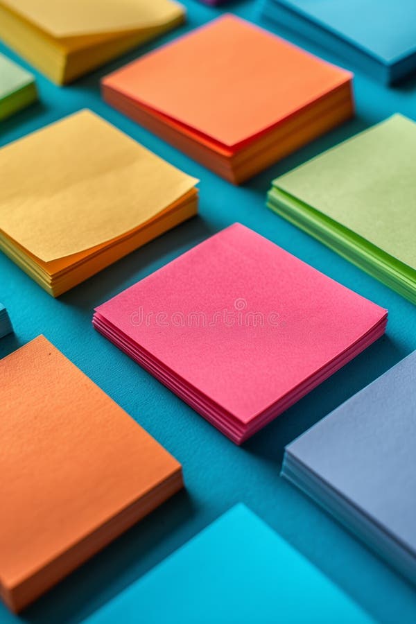 Colorful Paper Stacks and Sticky Notes Arranged Neatly Against a Blue ...