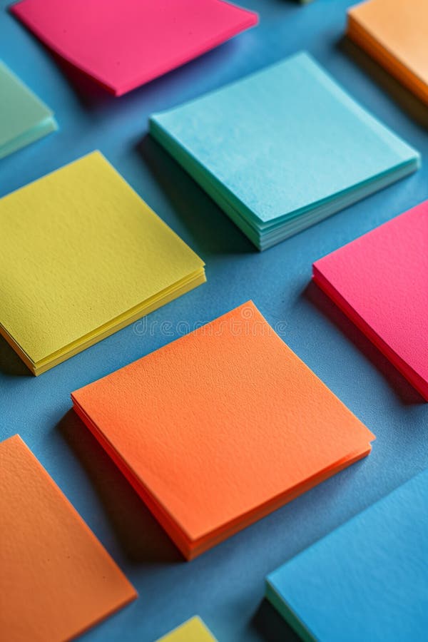 Colorful Paper Stacks and Sticky Notes Arranged Neatly Against a Blue ...