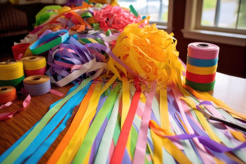 Colorful Paper Strips and Glue on a Table for Pinata Making Stock ...