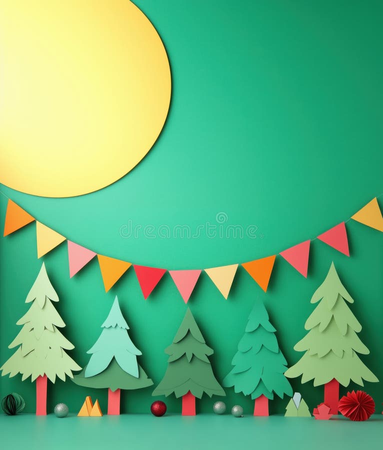 Colorful Paper Trees, Sun, Festive Decorations, Vibrant Scene Stock ...