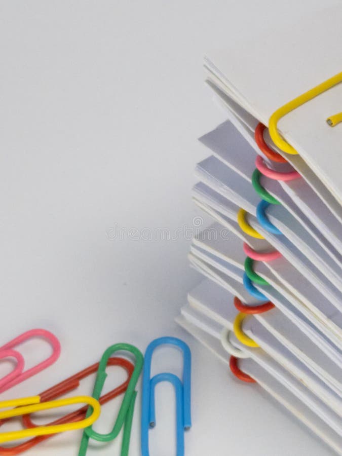 Colorful Paperclips Stacked Documents White Background Stock Photos ...