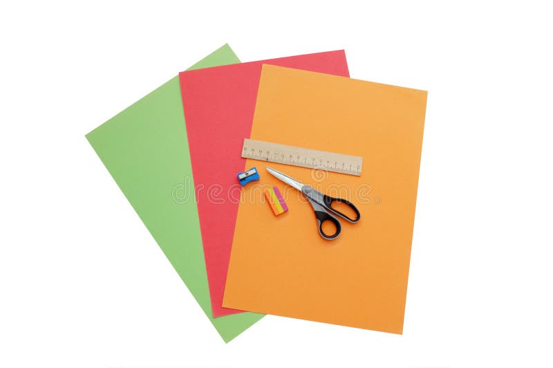 Colorful Papers, Scissors, Pencil Sharpener, Ruler Stock Image - Image ...