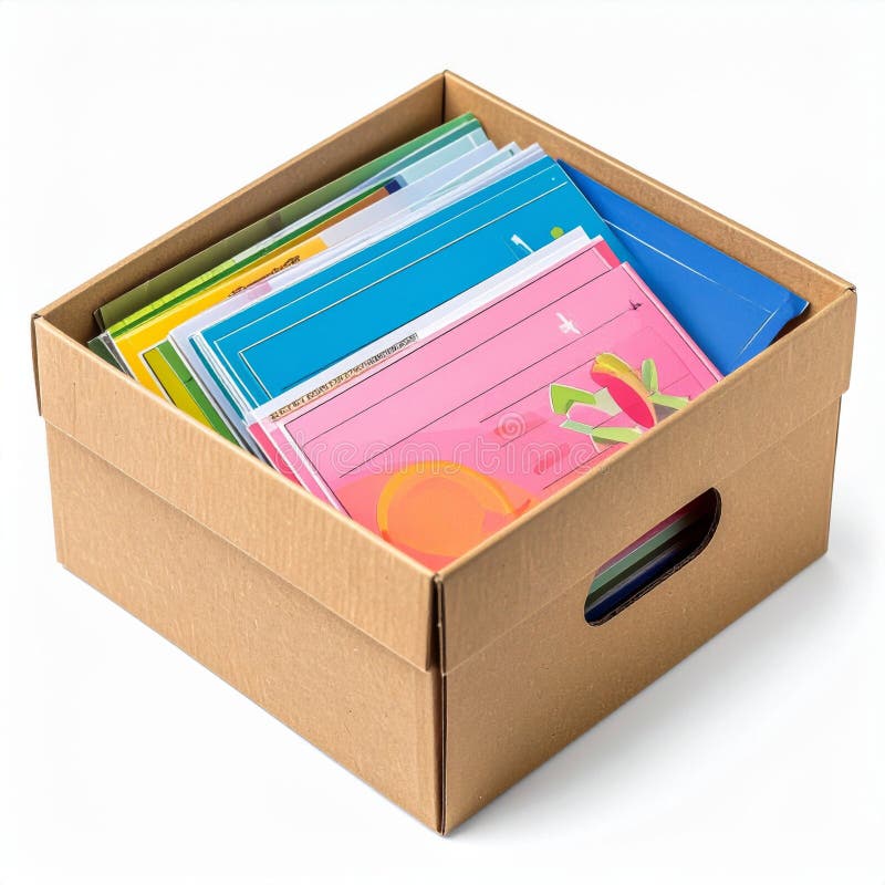 Colorful Papers Stacked in a Cardboard Box Stock Illustration ...