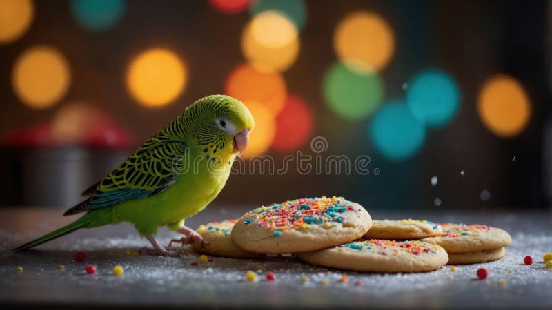 Adorable Budgie Bird Enjoying Colorful Sprinkles Cookies Stock ...