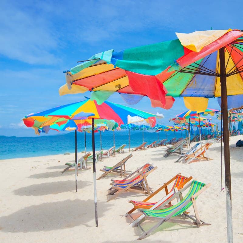 Colorful Parasols on a Tropical Island Stock Image - Image of beach ...