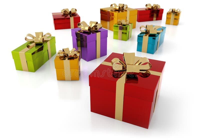 Colorful Parcels with Golden Ribbon Stock Illustration - Illustration ...