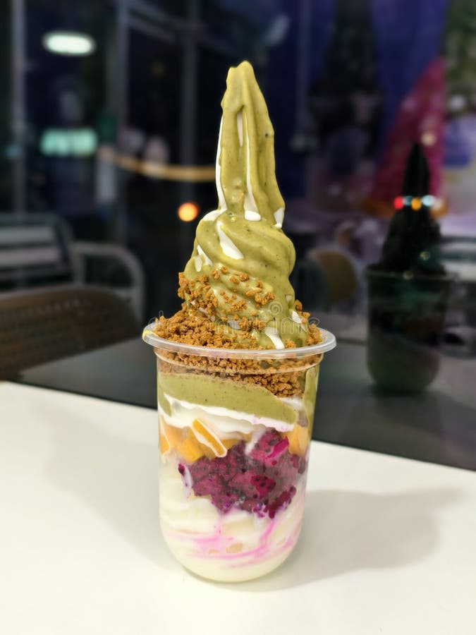 Colorful Parfait with Fruit, Matcha, and Yogurt in a Clear Cup Stock ...