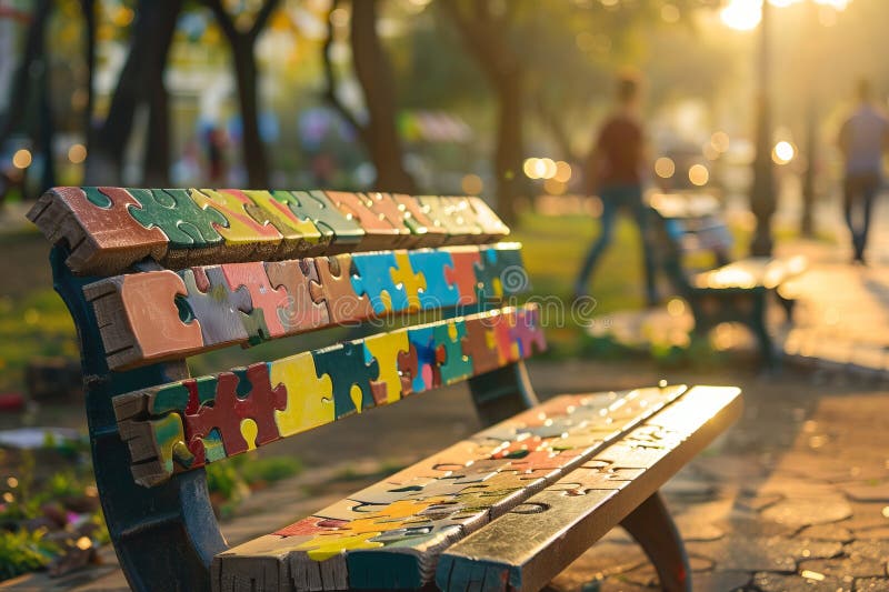Puzzle-themed Park Bench with Vibrant Colors Pictured at Sunset in a ...
