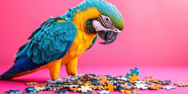 Colorful Parrot Assembles Puzzle on Vibrant Background Stock ...
