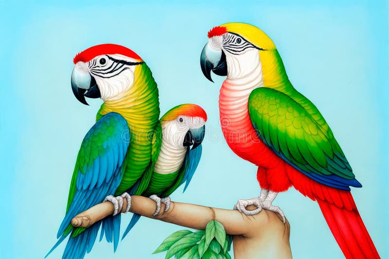 Colorful Parrot And Exotic Tropical Leaves Art Drawing Generative Ai Stock Illustration