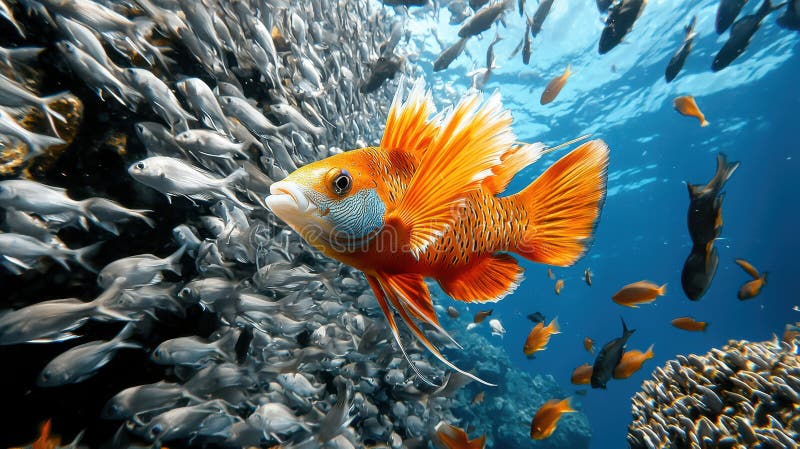 Colorful Parrot Fish Swimming among School of Gray Fish in Ocean Stock ...