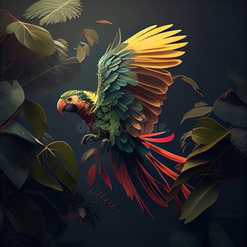 A Colorful Parrot is Flying through the Jungle. 3D Illustration Stock ...
