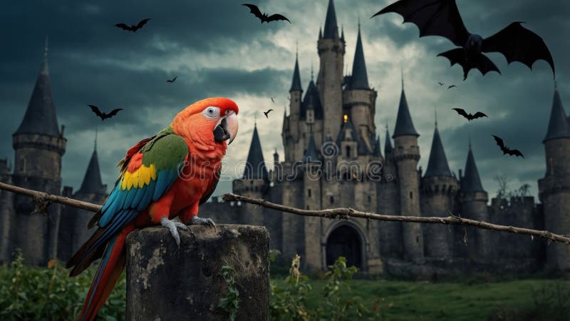A Colorful Parrot in Front of a Dark, Mysterious Castle with Bats ...