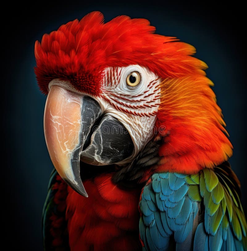 The Colorful Parrot Has a Bright Red and Orange Beak and Head, Stock ...