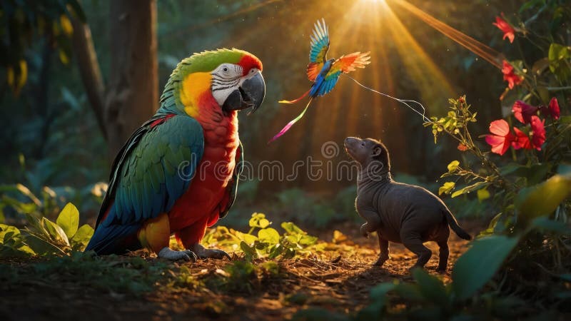 Colorful Macaw Parrot and Hairless Dog Playing in a Garden at Sunset ...