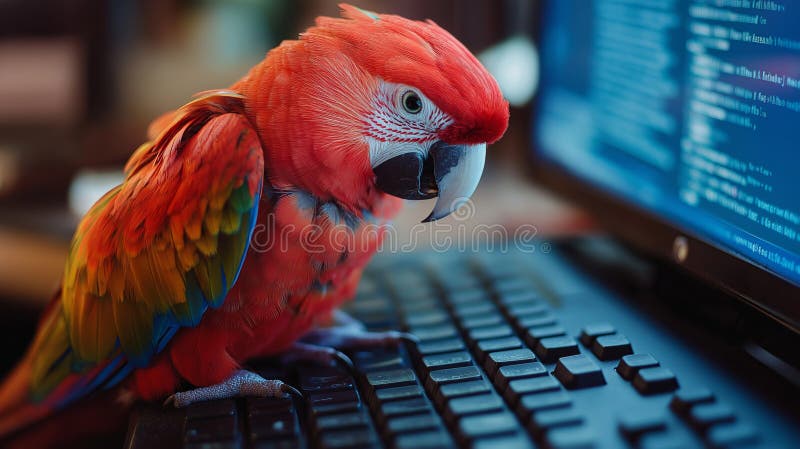 Colorful Parrot Interacts with Computer Keyboard in a Cozy Workspace ...