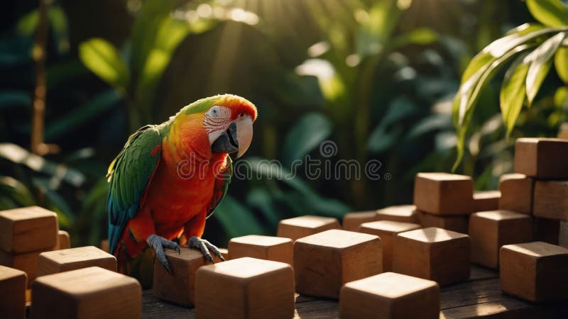 A Vibrant Macaw Perched Amongst Wooden Blocks in a Lush Tropical Garden ...
