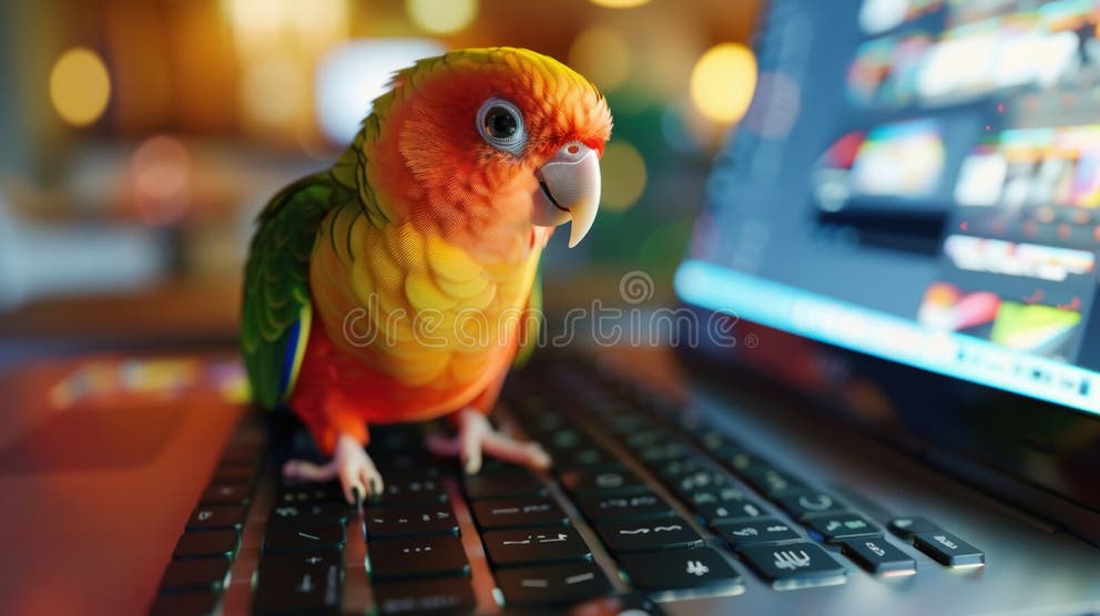 Colorful Parrot on Laptop Keyboard in a Creative Studio Setting Stock ...
