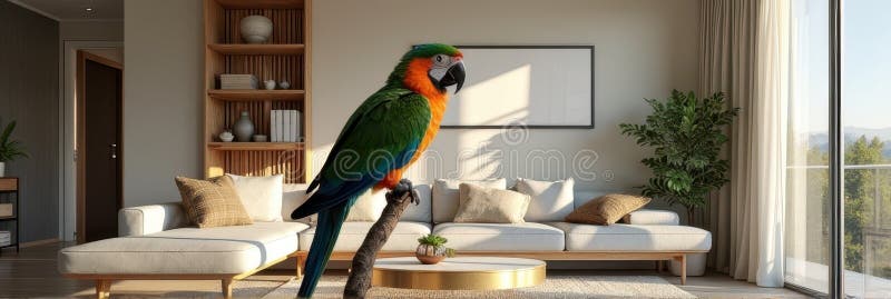 Colorful Parrot in Modern Living Room with Natural Light and Elegant ...