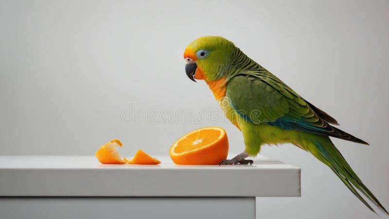 A Colorful Parrot beside an Orange on a Table, Showcasing a Vibrant ...